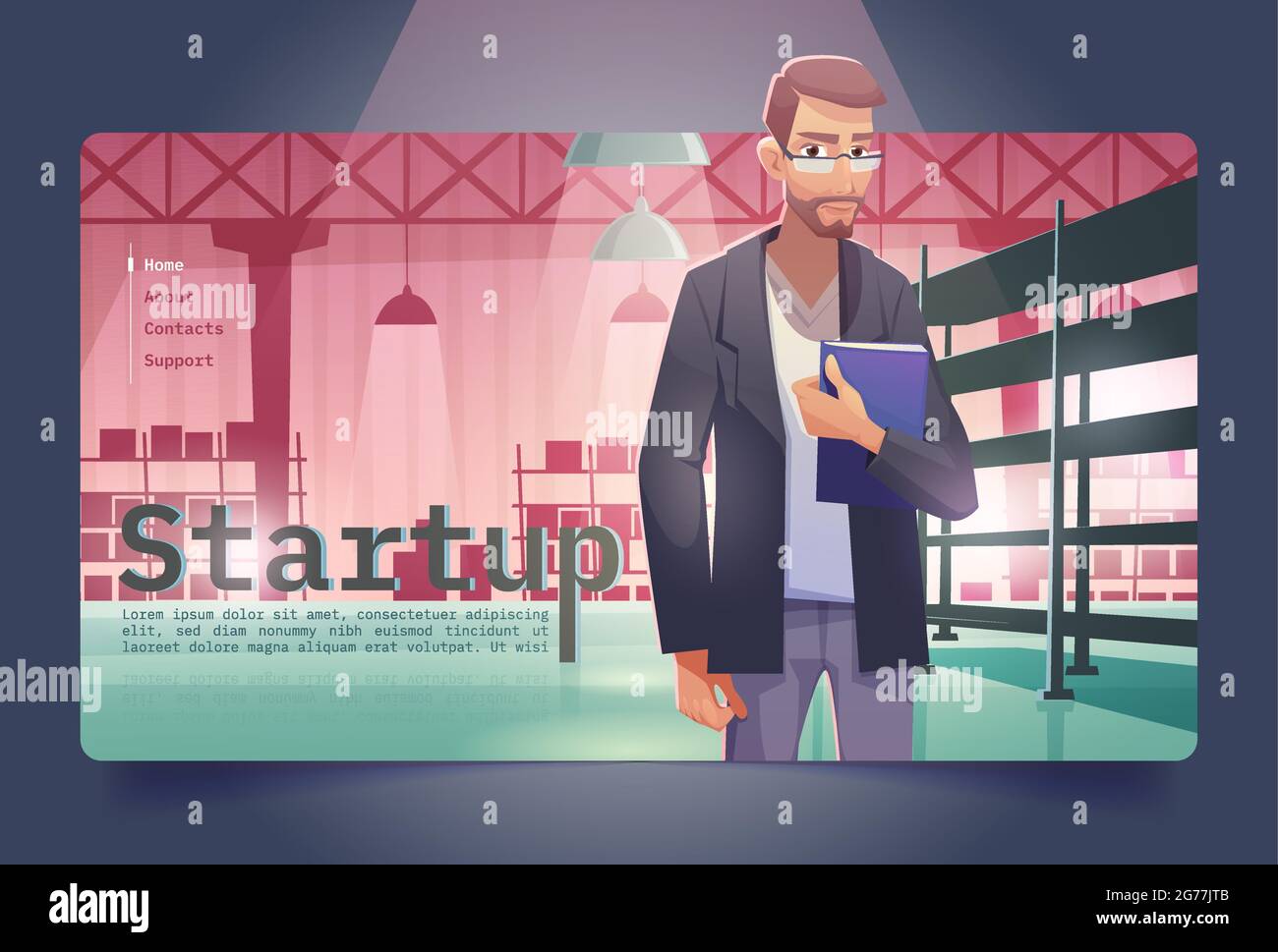 Startup banner with businessman in warehouse. Vector landing page of ...
