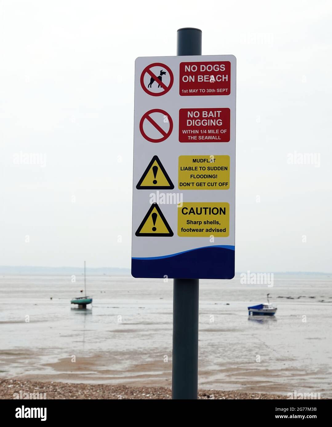 Vertical shot of a beach warning sign in Southend-on-Sea, Essex Stock ...