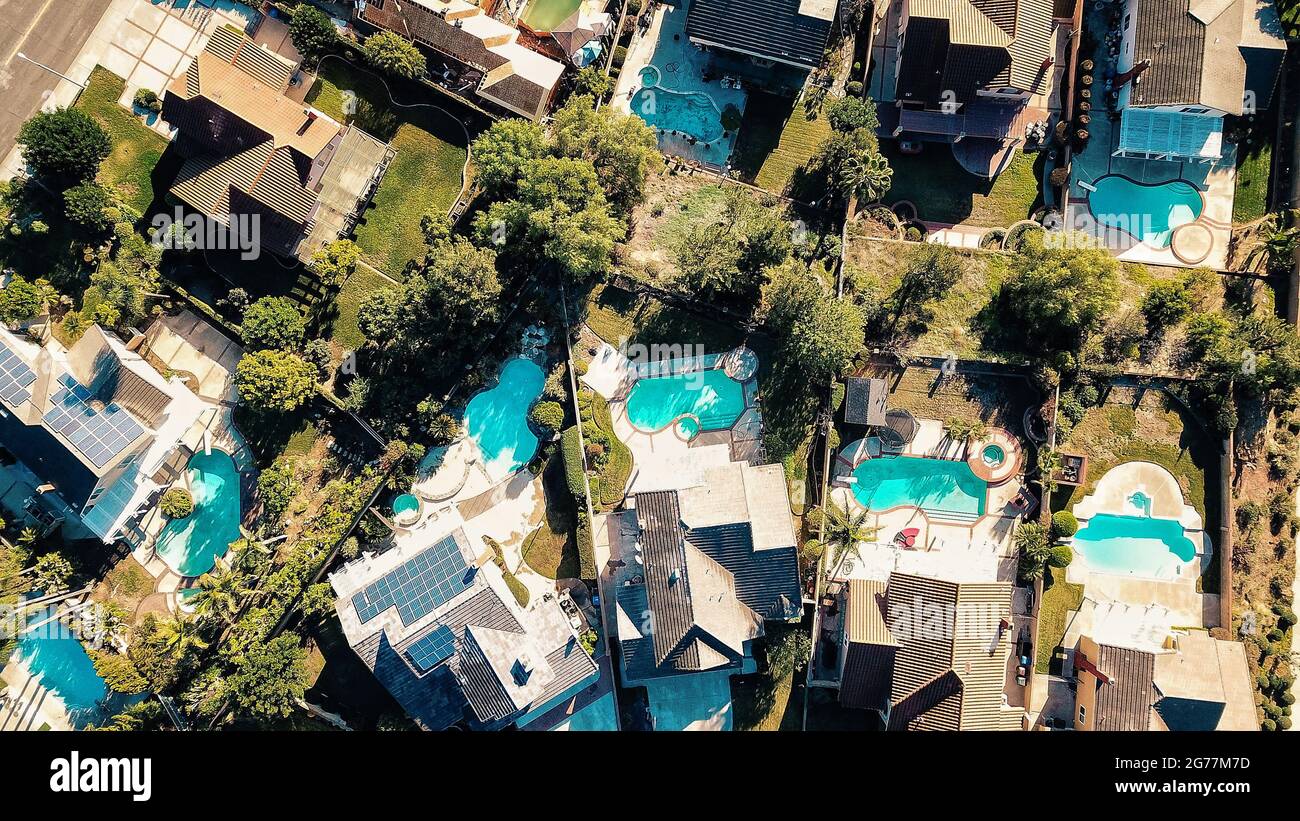 Aerial view of pools in every house in a luxurious subdivision Stock ...