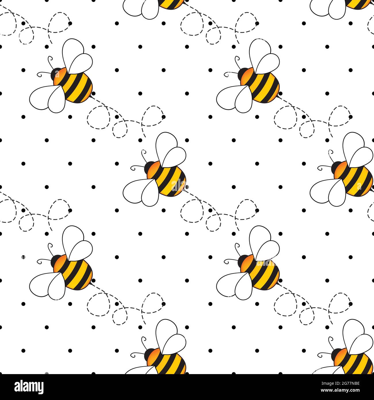 Seamless pattern with bees on white polka dots background. Small wasp ...