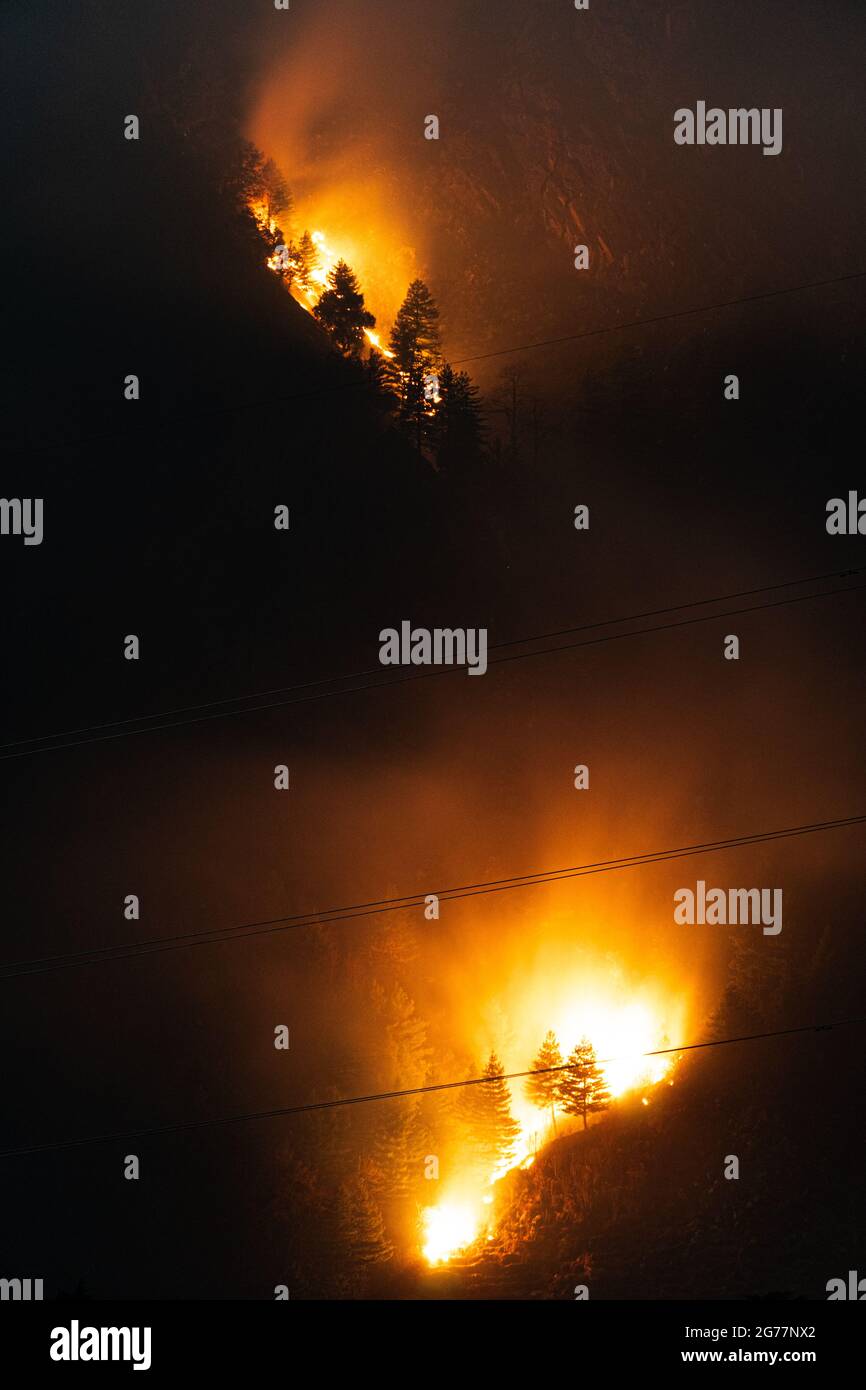 Vertical shot of fire in the woods on a hill during nighttime Stock ...