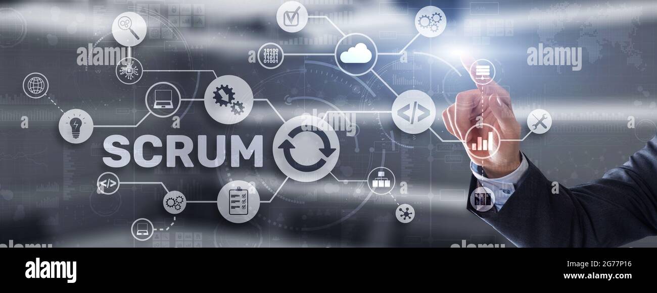 SCRUM. Hand presses the inscription scrum on a virtual panel. Agile ...
