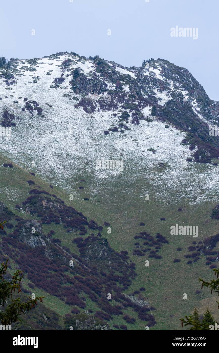 A mountain slope, on which the upper part is covered with snow, and the ...