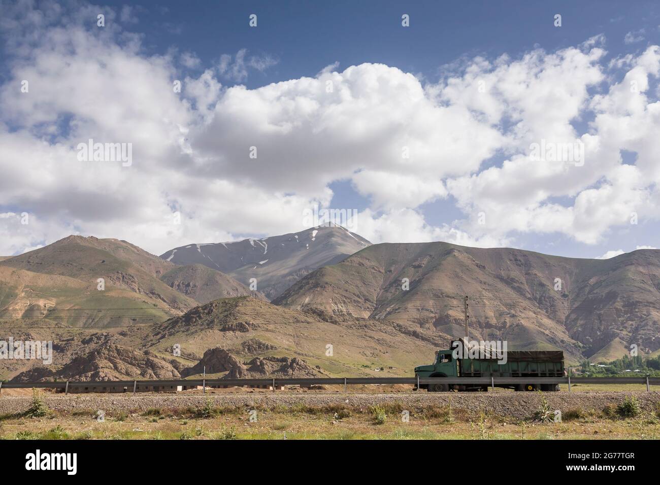 Landscape of Alborz mountains and fields, national road 79, to Sari ...