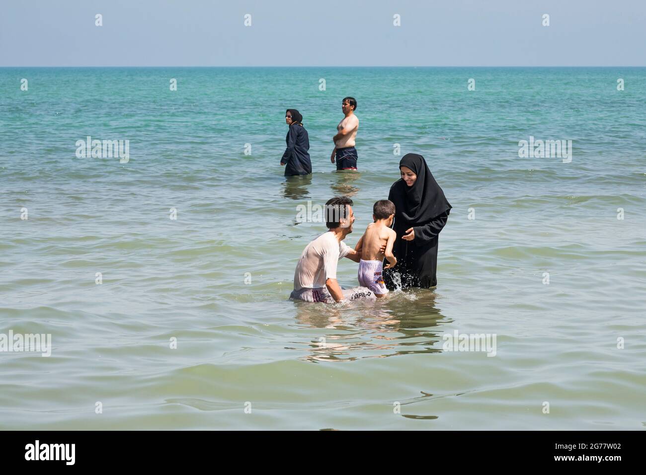 Family swimming and resting, Resort area of the Caspian sea, suburb of ...