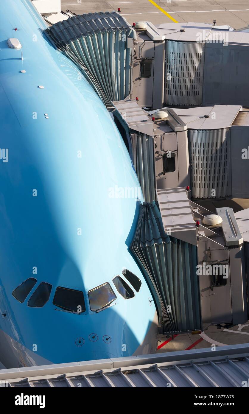 Close-up photo of aircraft's air ladder at the airport of Frankfurt ...