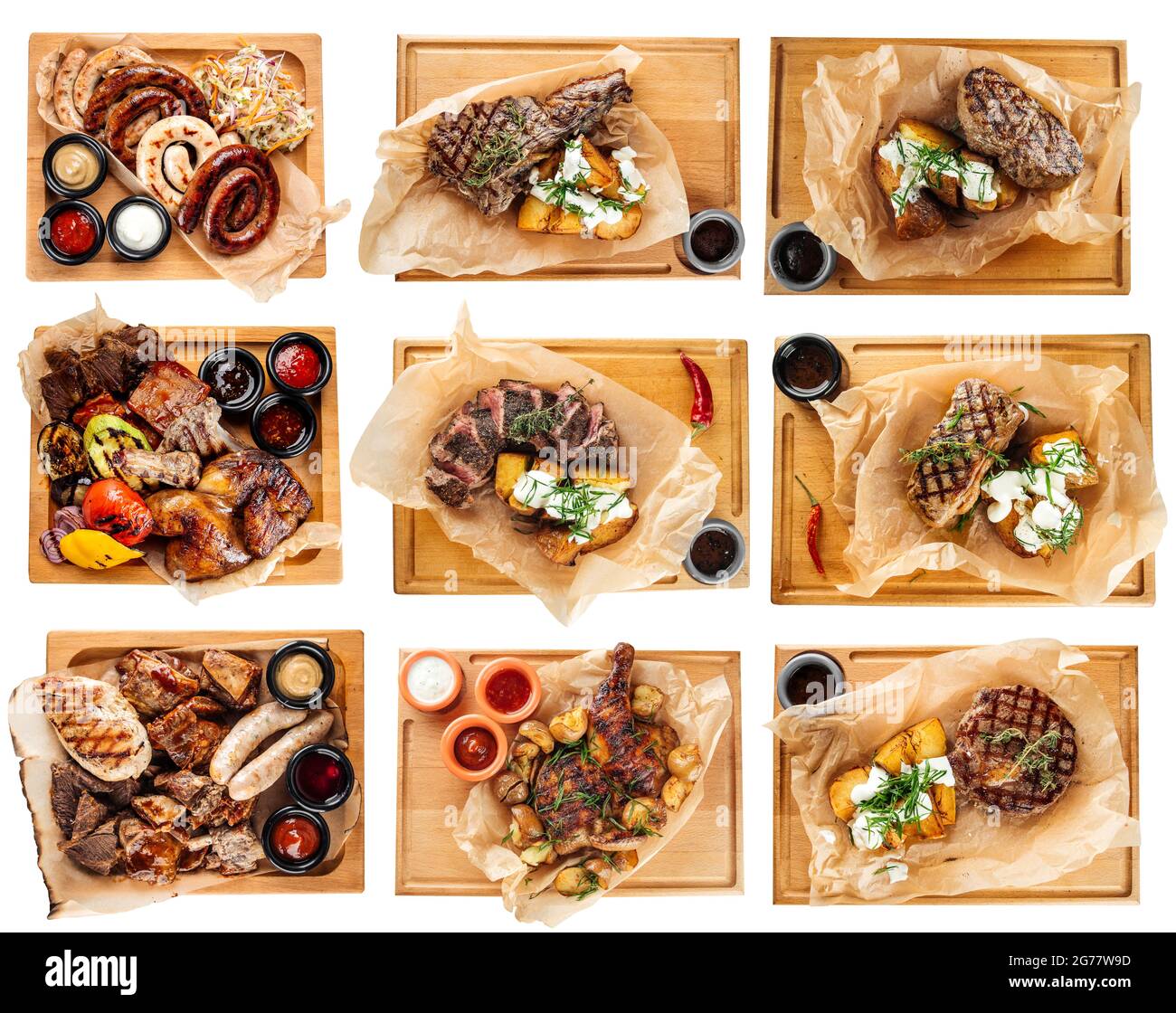 Isolated board of a grilled meat set menu collage Stock Photo - Alamy