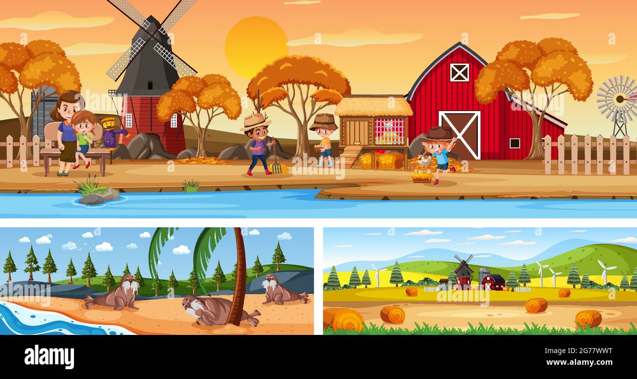Outdoor panoramic landscape scenes set with cartoon character ...
