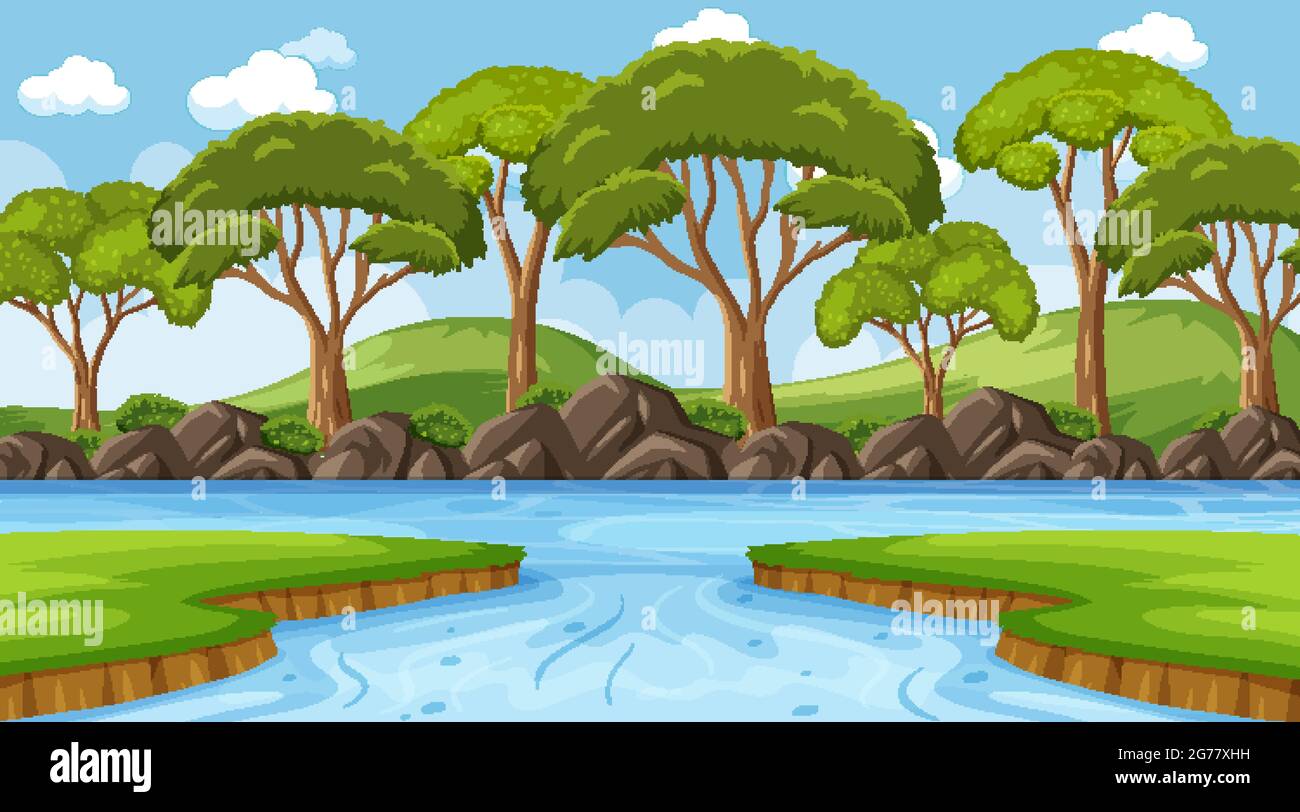 Nuture scene with river in the forest at day time illustration Stock ...