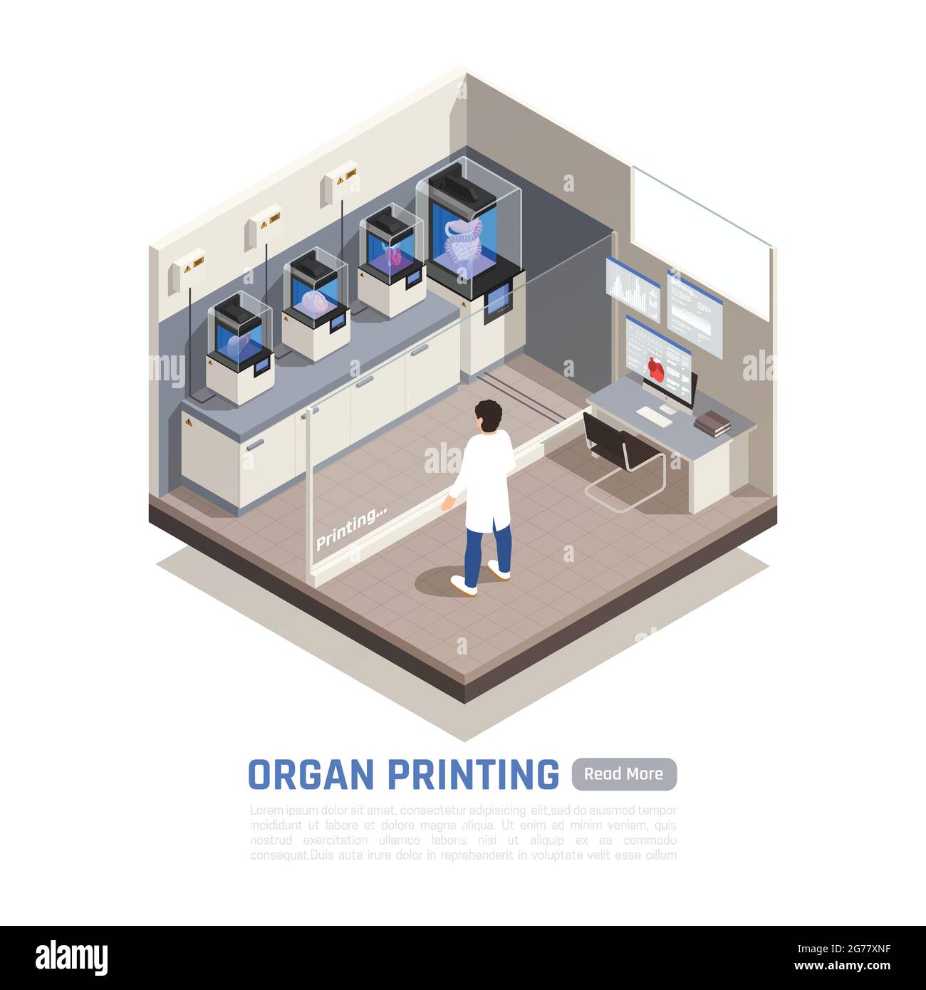 Man watching process of human organs 3d printing isometric composition vector illustration Stock ...