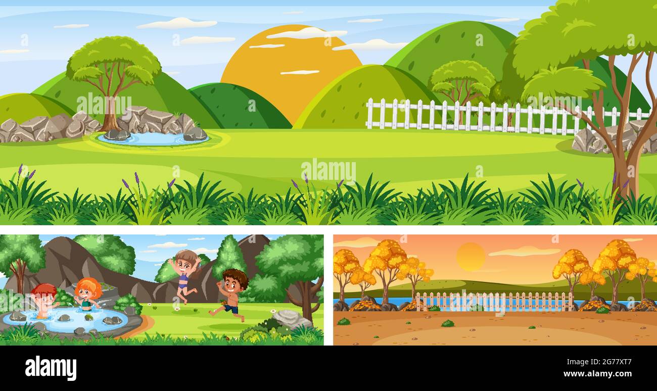 Set of outdoor panoramic landscape with cartoon character illustration ...
