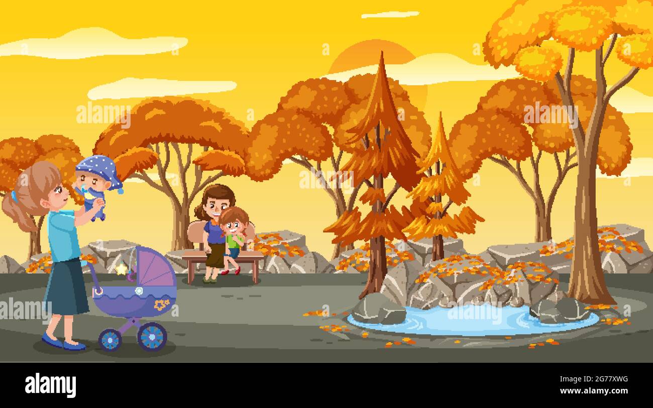Park at sunset time scene with people in the park illustration Stock ...