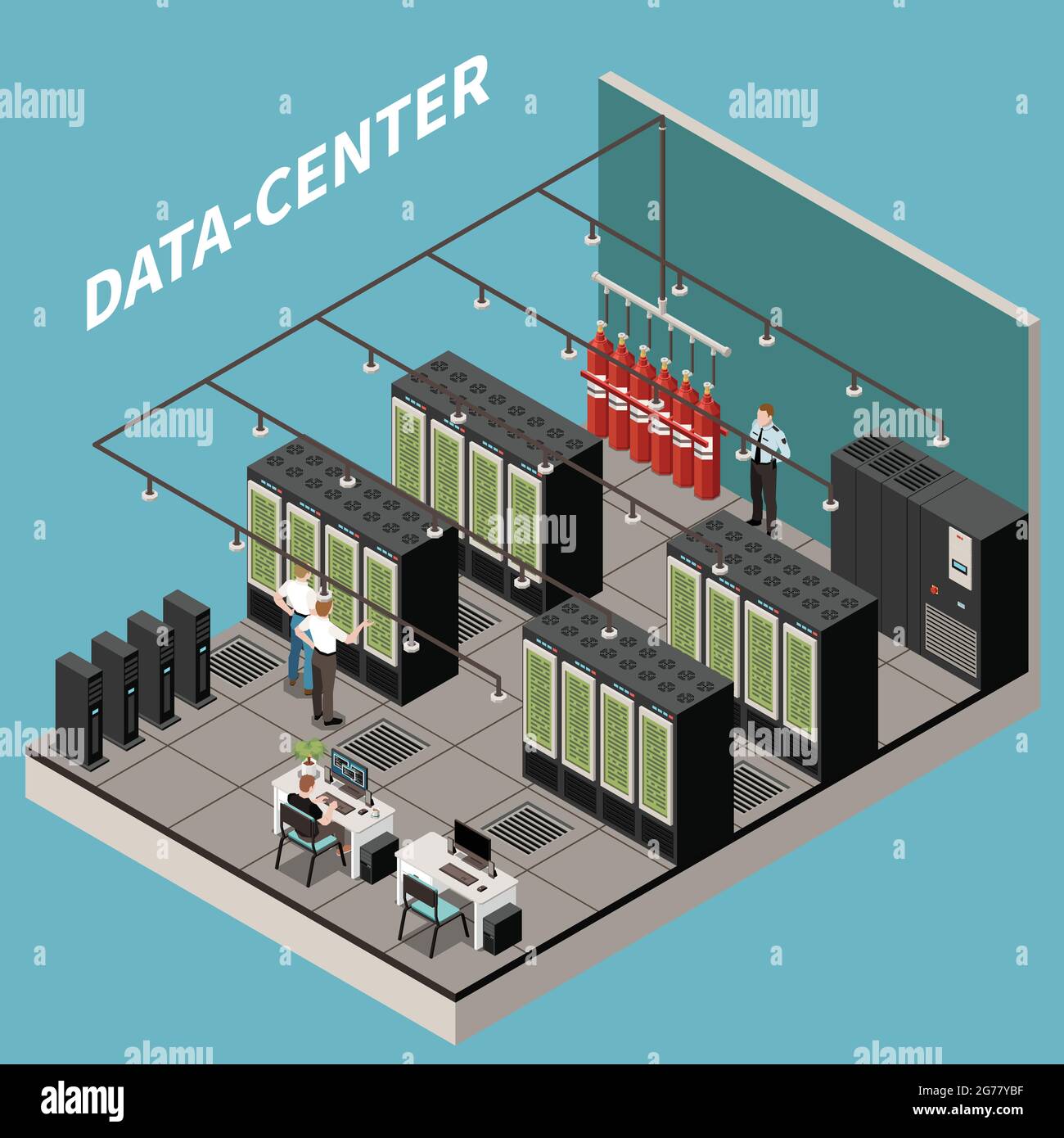 Isometric and colored datacenter composition with server room security and it staff vector ...