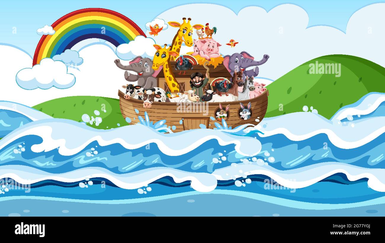Animals on Noah's ark floating in the ocean scene illustration Stock Vector Image & Art - Alamy