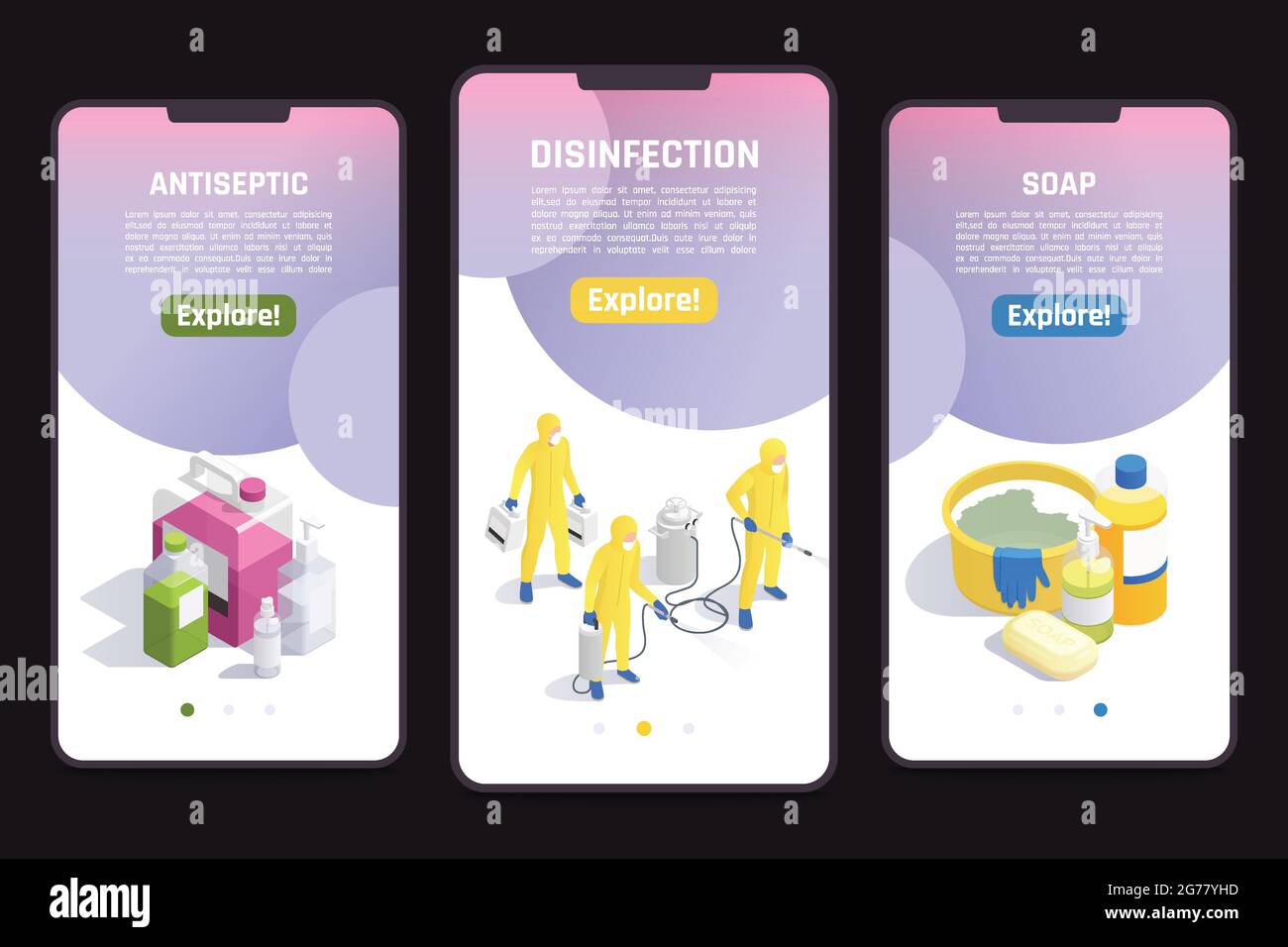 Mobile website templates set with products for sanitizing and people ...