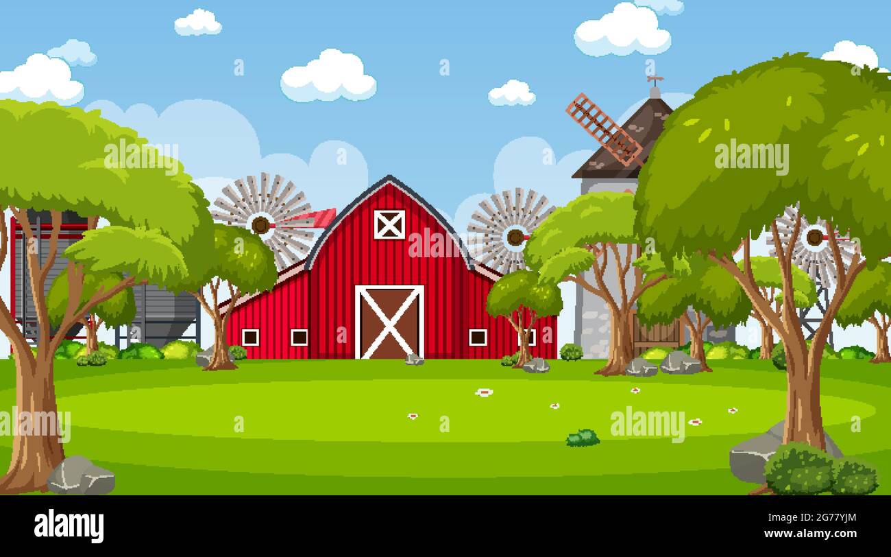 Farm scene with barn and windmill illustration Stock Vector Image & Art ...