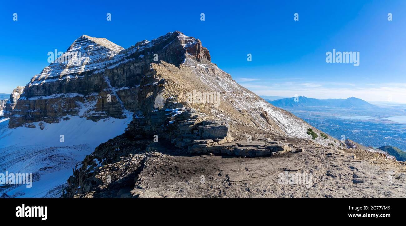 Summit of Mount Timpanogos, Utah with remnants of winter snow Stock ...