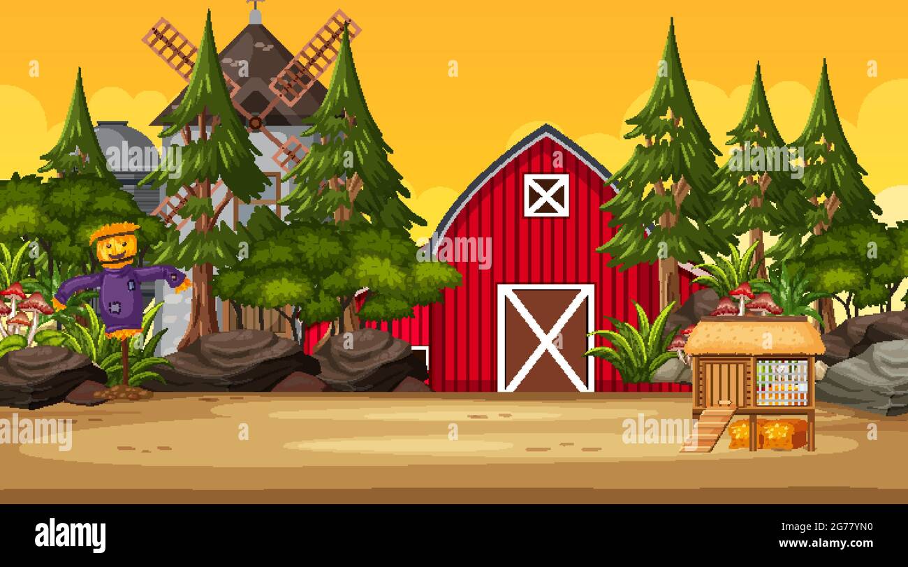 Cartoon Sunset On Farm