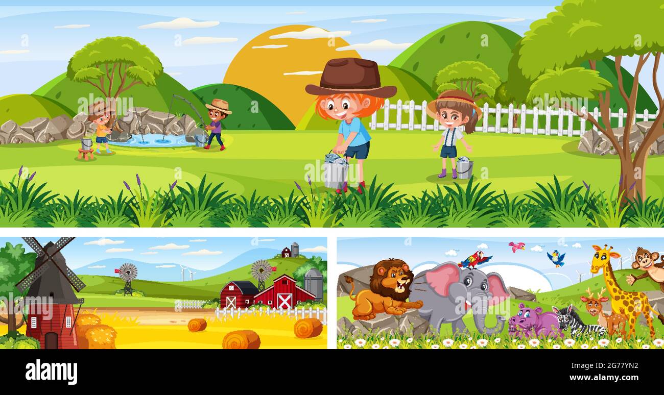 Set of outdoor panoramic landscape with cartoon character illustration ...