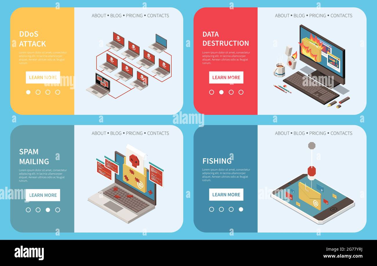 Hacker fishing digital crime isometric banner set with ddos attack data ...