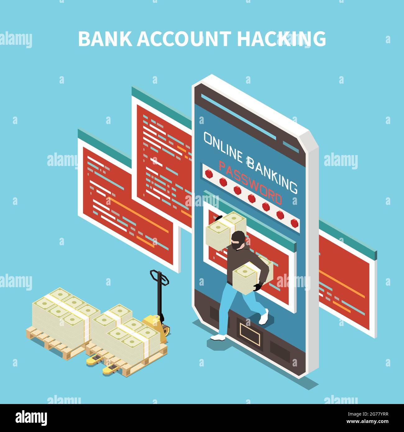 Isometric colored hacker fishing digital crime composition with bank ...