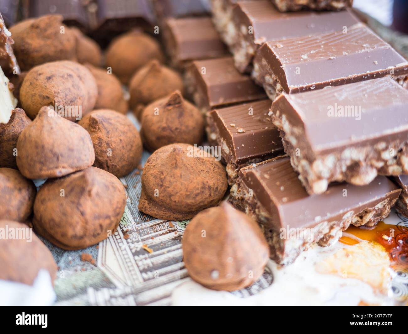 Closeup shot of various chocolate candy stacks Stock Photo - Alamy