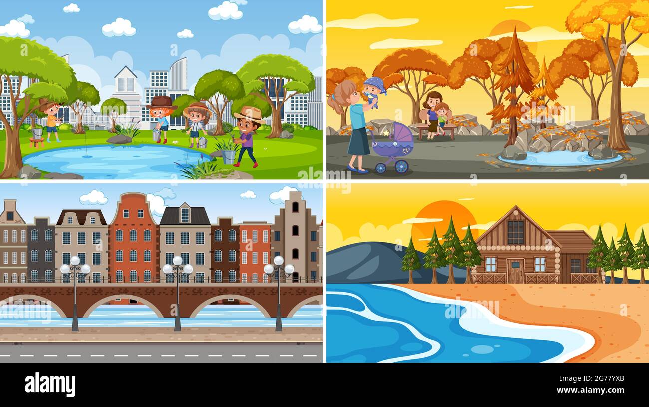 Set of different nature scenes cartoon style illustration Stock Vector ...