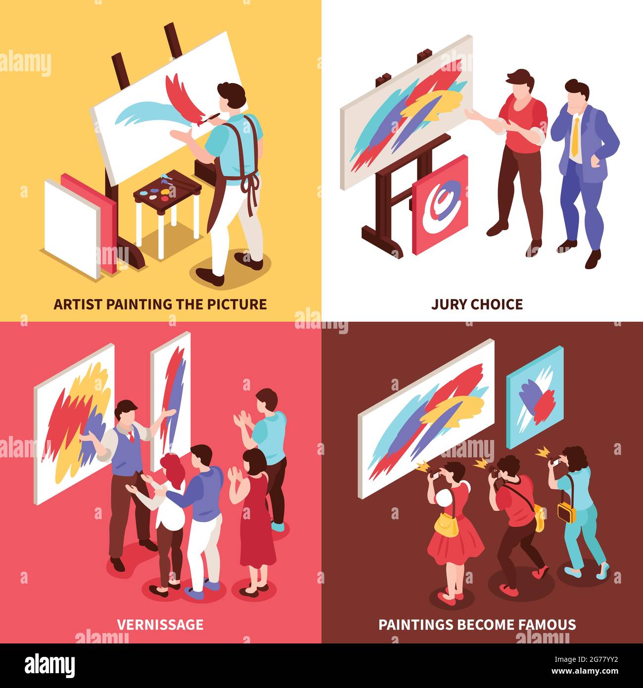 Isometric art gallery design concept with 2x2 set of compositions with ...