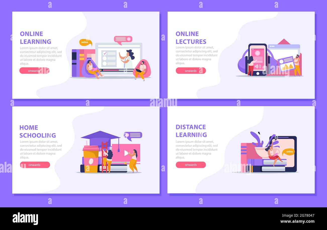 E-learning home schooling flat 4x1 set of horizontal banners with ...