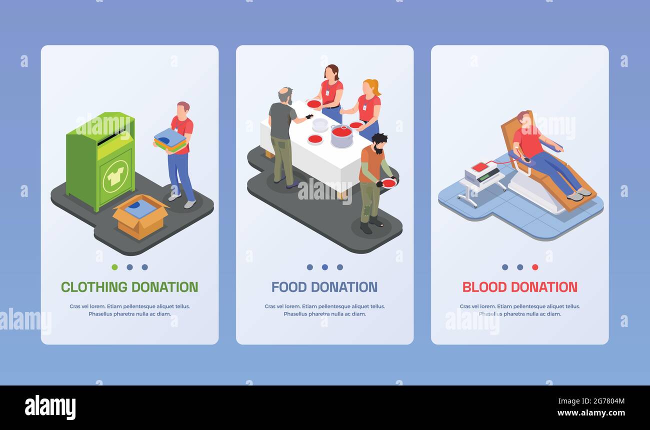 Charity donation volunteering isometric set of vertical banners with ...