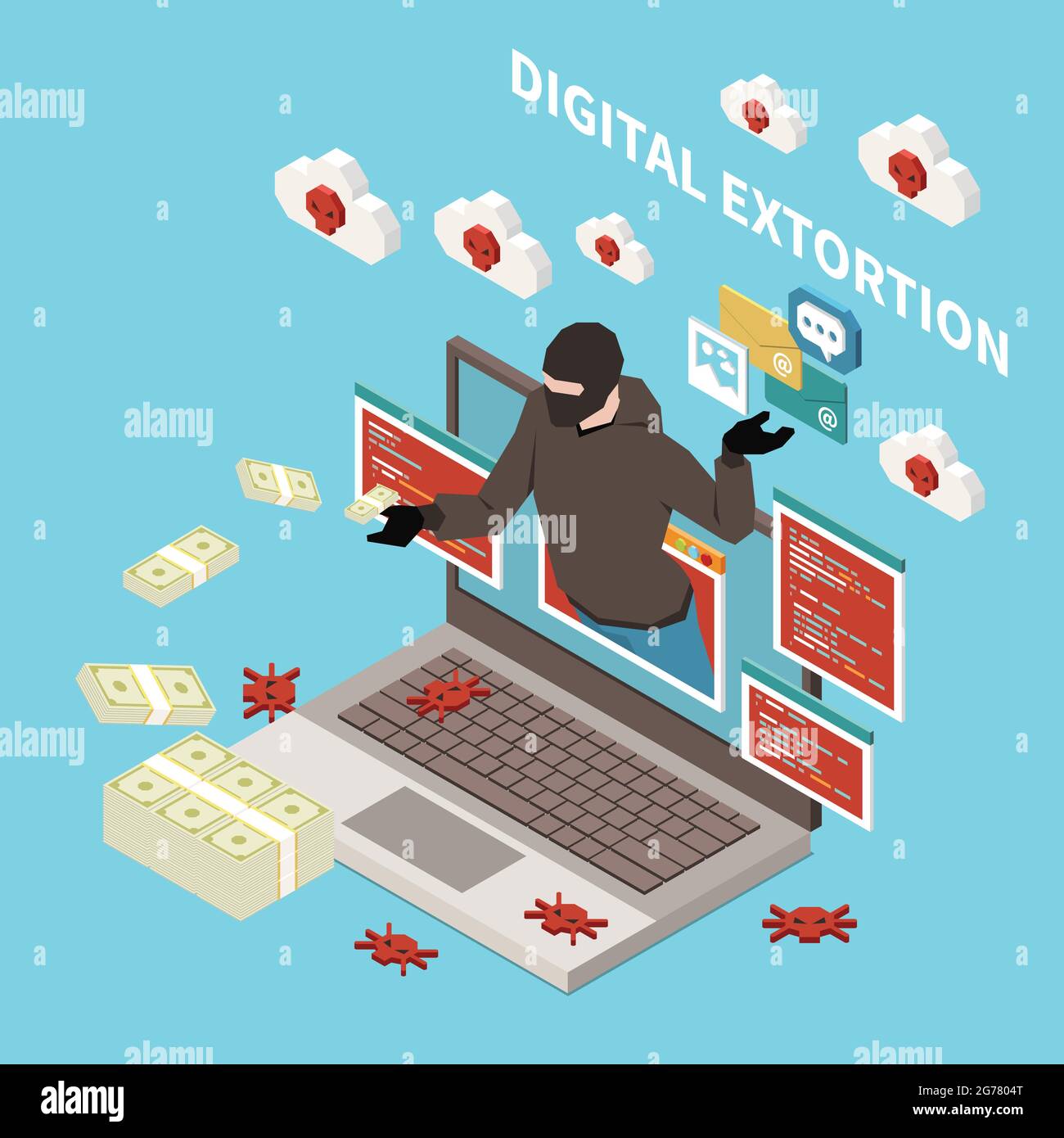 Hacker fishing digital crime isometric concept with digital extortion ...