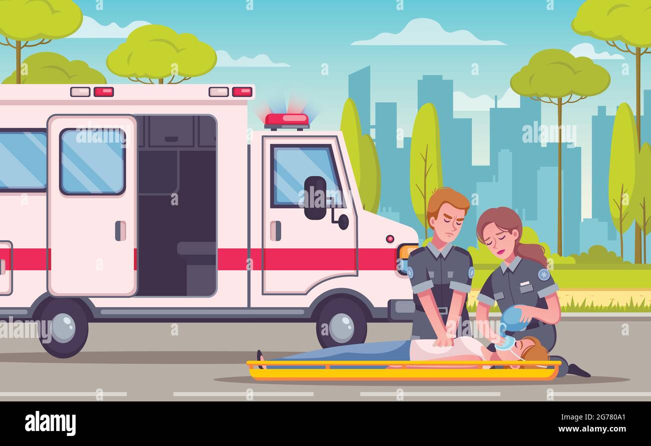 Paramedic emergency ambulance cartoon composition with urban landscape ...
