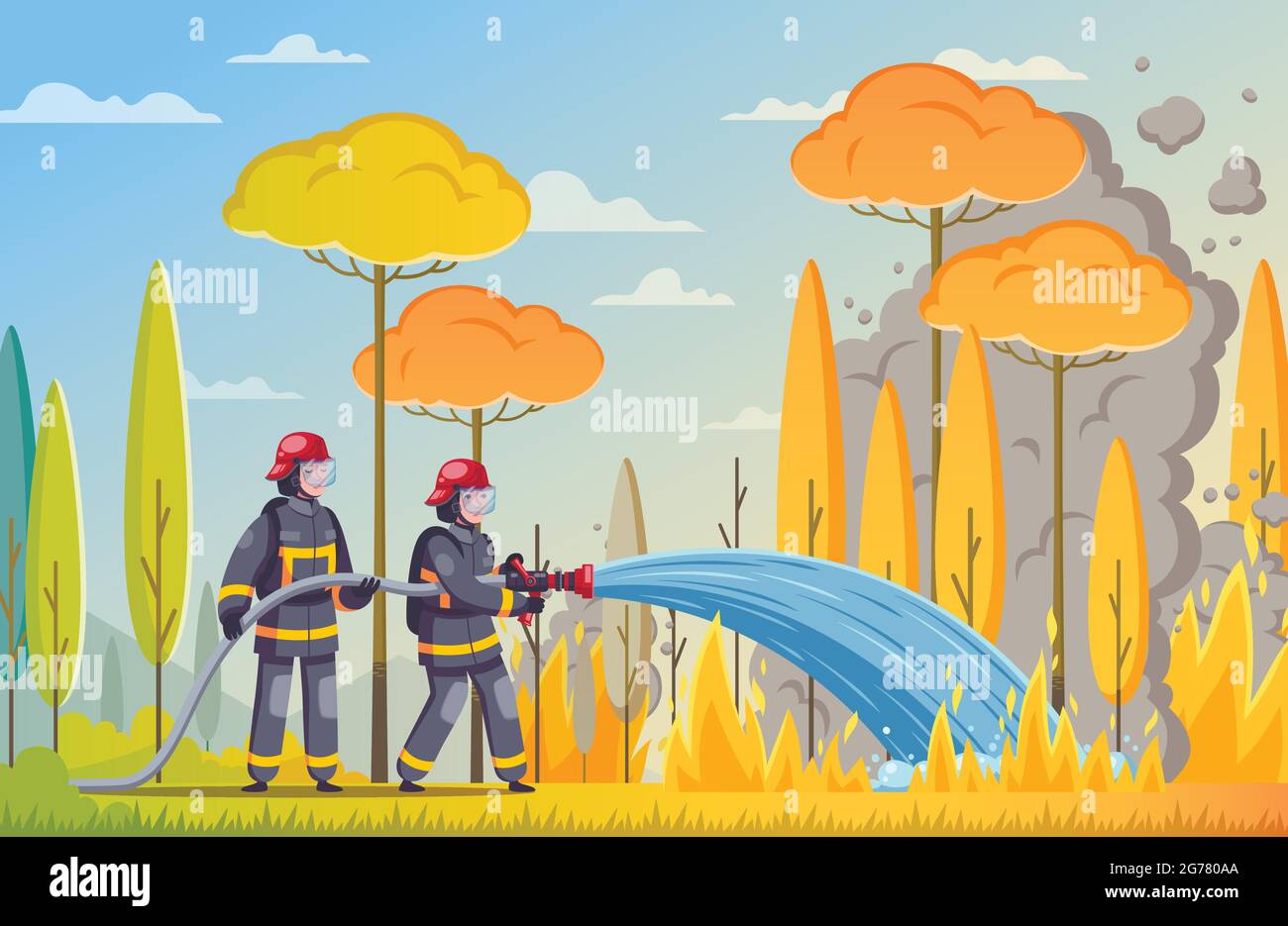 Firefighters cartoon composition with outdoor landscape and burning ...