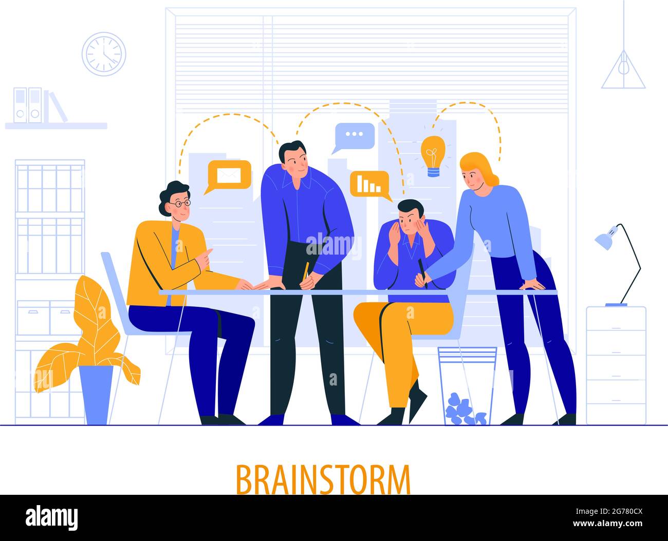 Flat office scene composition with brainstorm description and ...