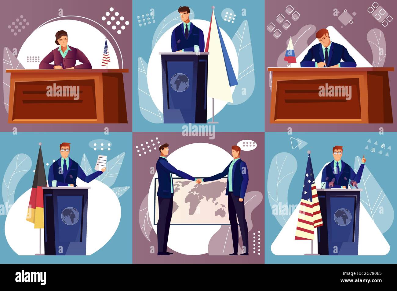 Diplomacy composition set with international politics symbols flat ...