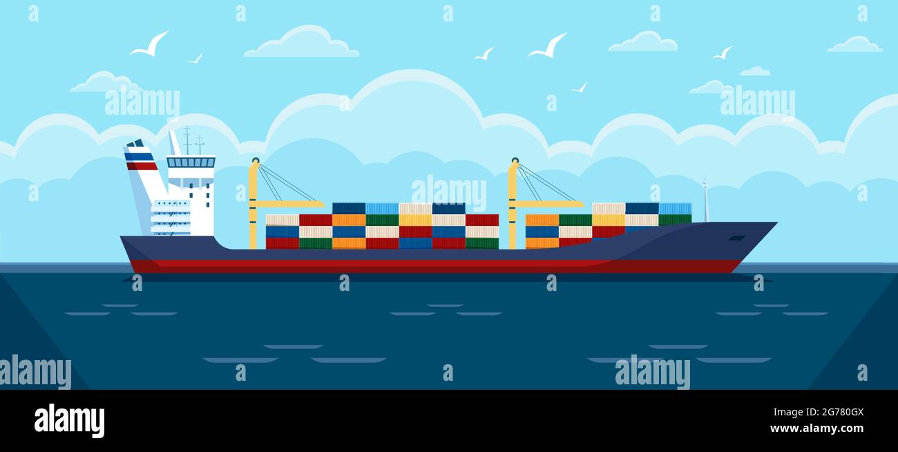 Cargo ship in ocean. Commercial freight vessel with containers in sea ...