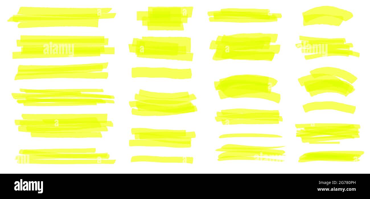 Highlighter line. Yellow marker strokes, lines, frames. Hand drawn ...