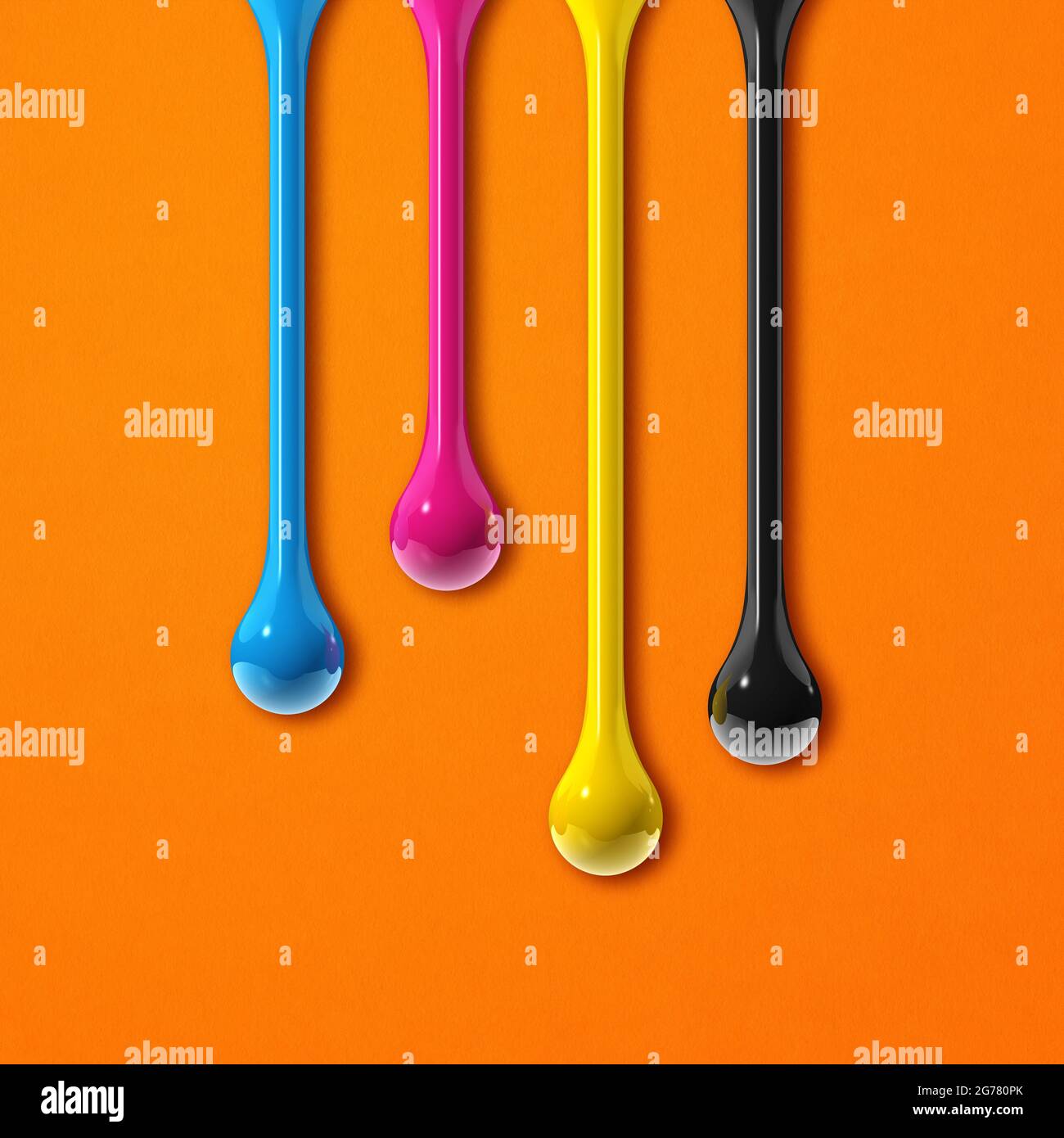 3D cmyk ink drops isolated on orange paper background. square wallpaper ...
