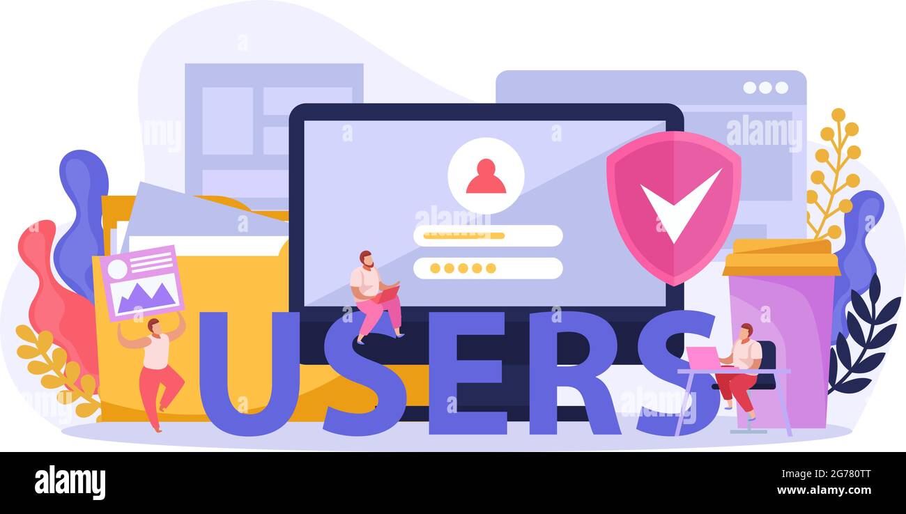 Computer users flat composition of text and human figures with desktop ...