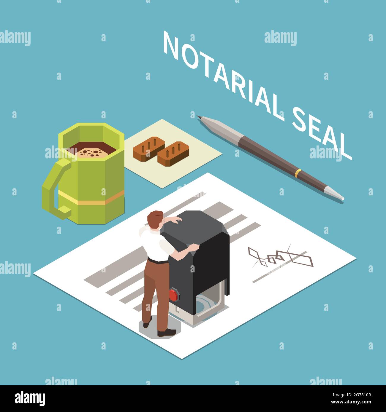 Notary seal isometric composition with little male figurine standing on ...