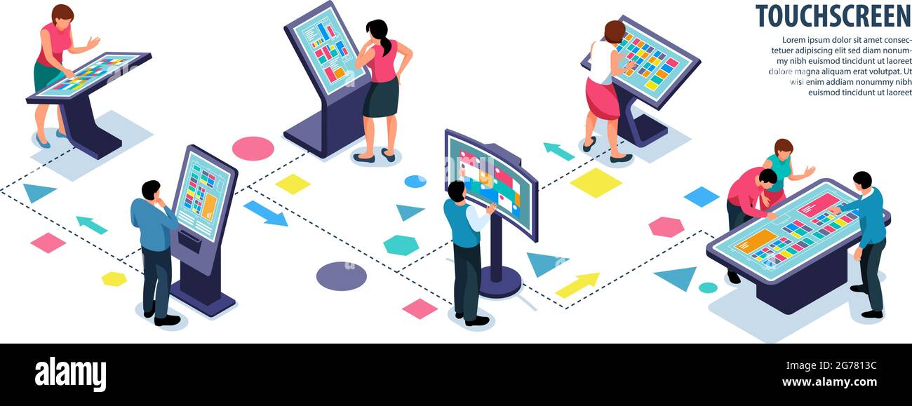 Isometric interactive users touchscreen infographics with human ...