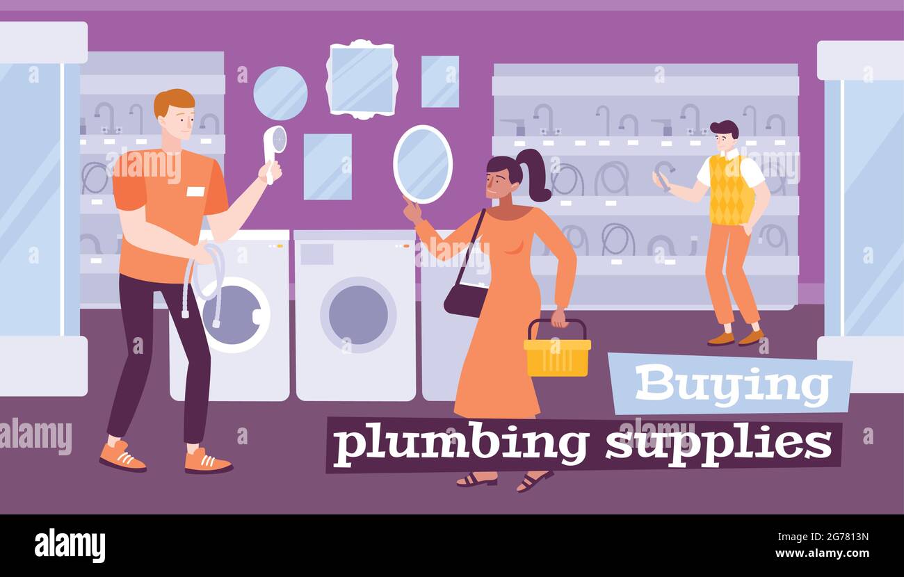 Plumbing sale flat composition with indoor scenery of sanitaryware shop ...