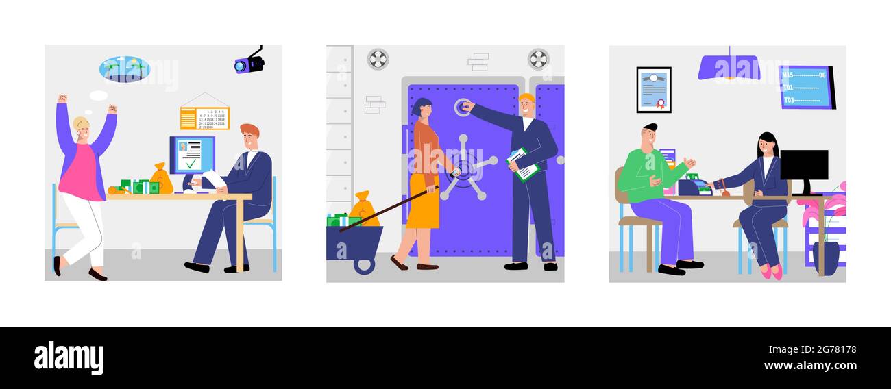 Bank design concept with square compositions of flat images clerks with ...