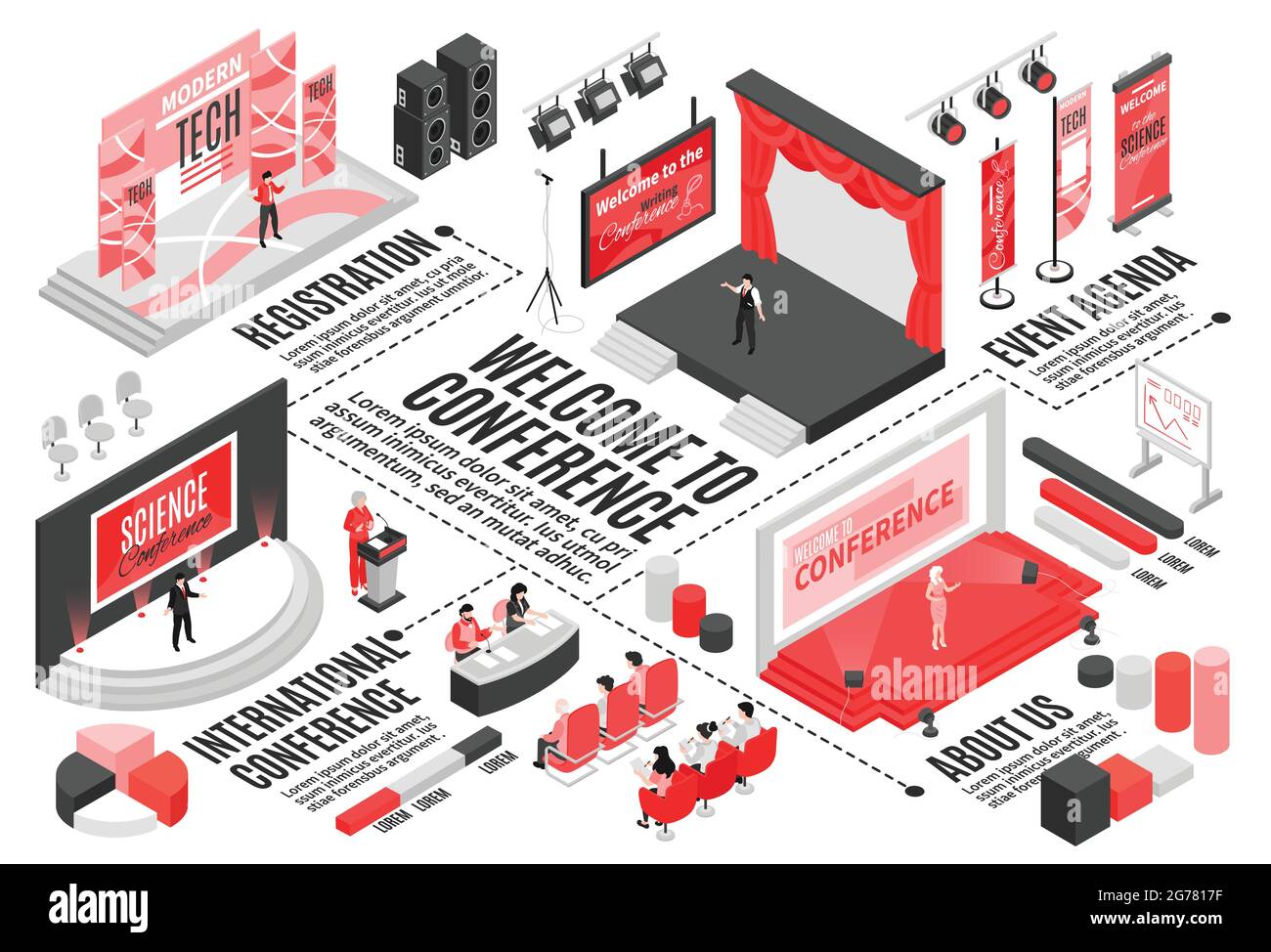 Isometric conference hall horizontal flowchart composition with text ...