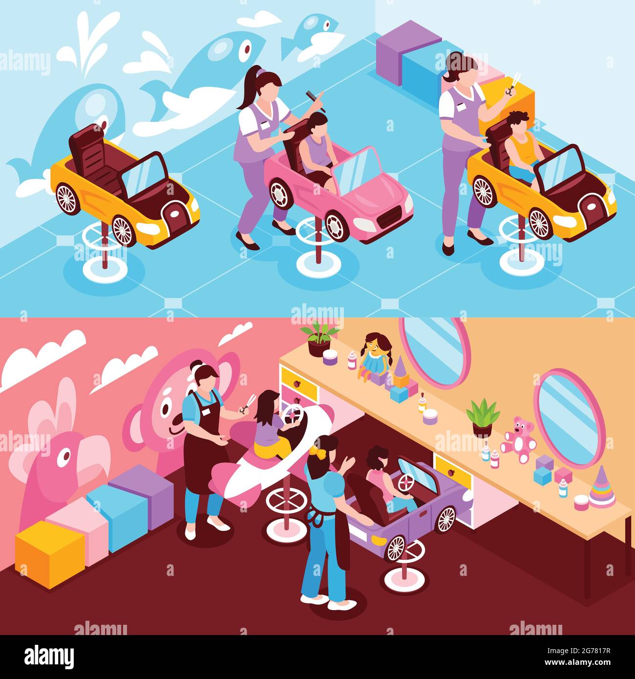 Horizontal isometric banners with children beauty salon interior and ...