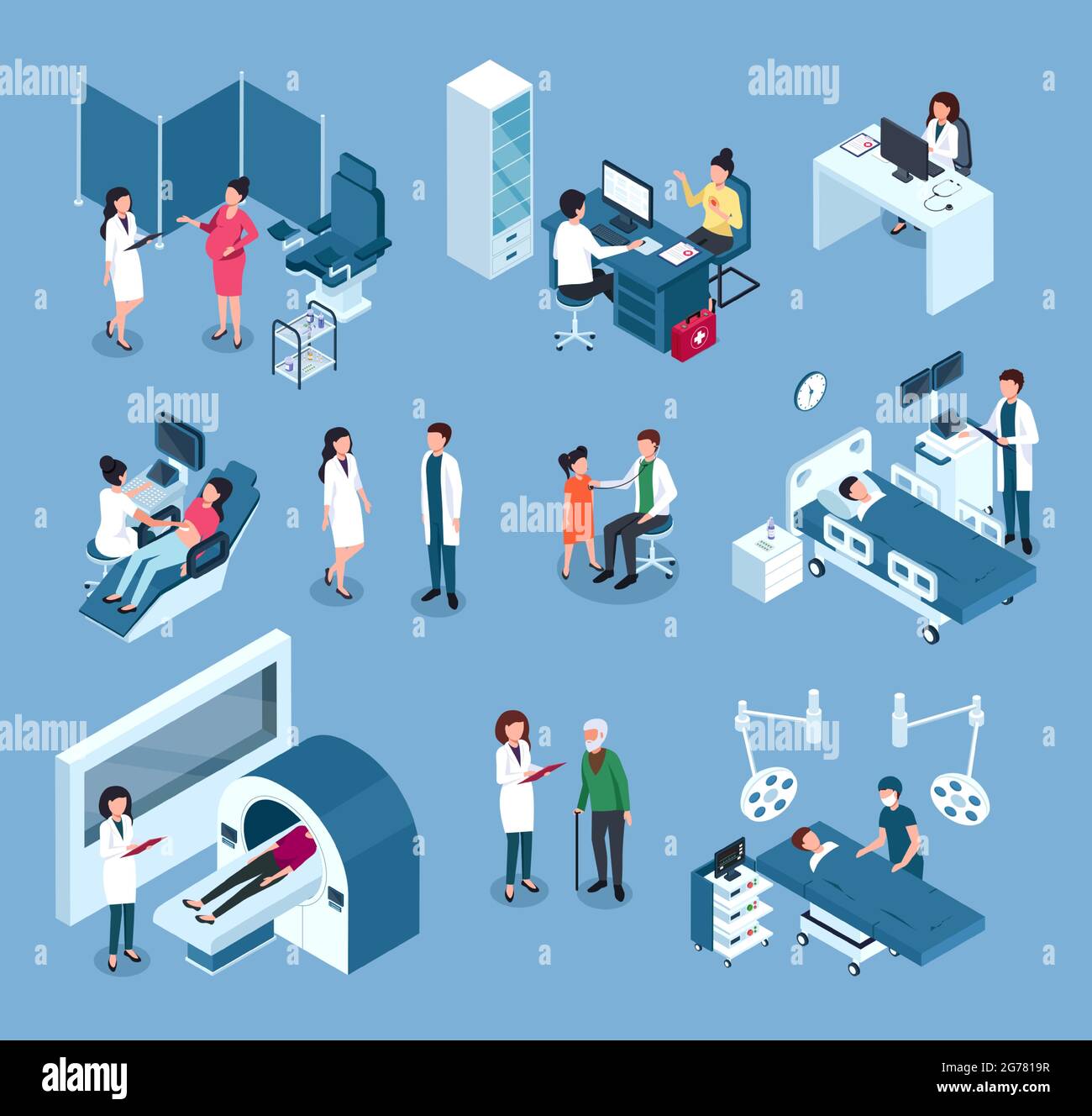 Isometric hospital workers. Doctors, surgeons with medical equipment ...