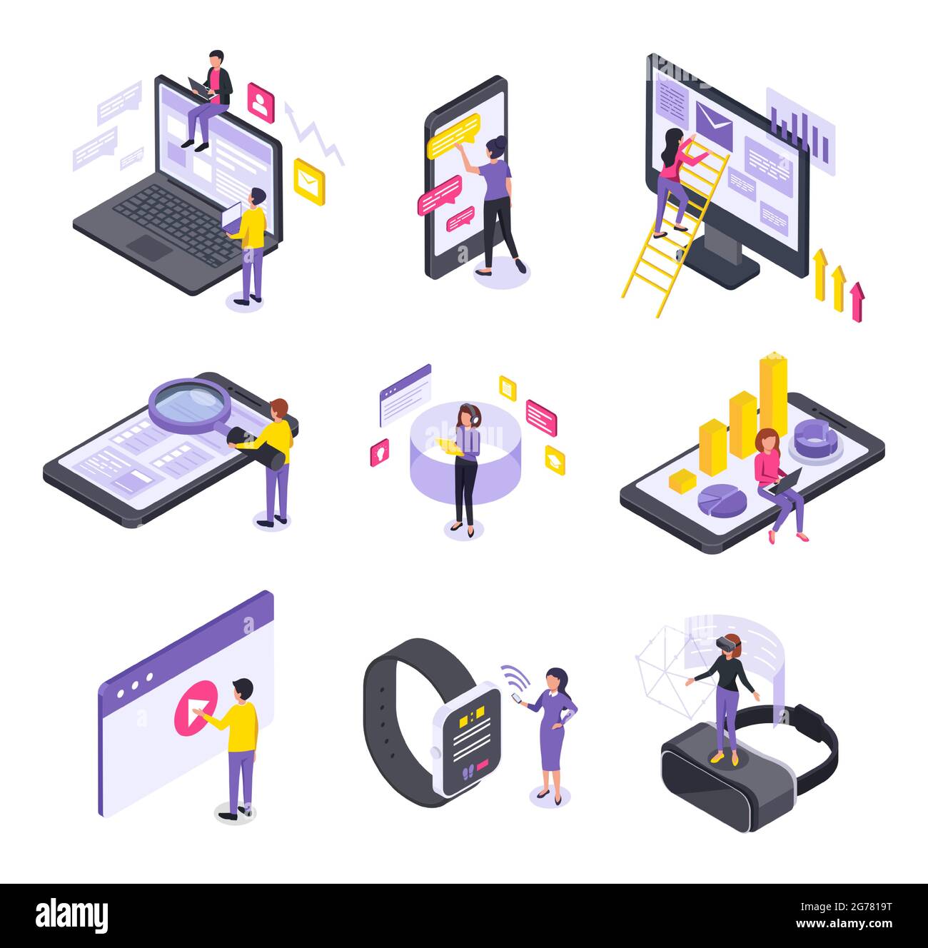 People and interfaces isometric icons collection with isolated conceptual icons electronic ...