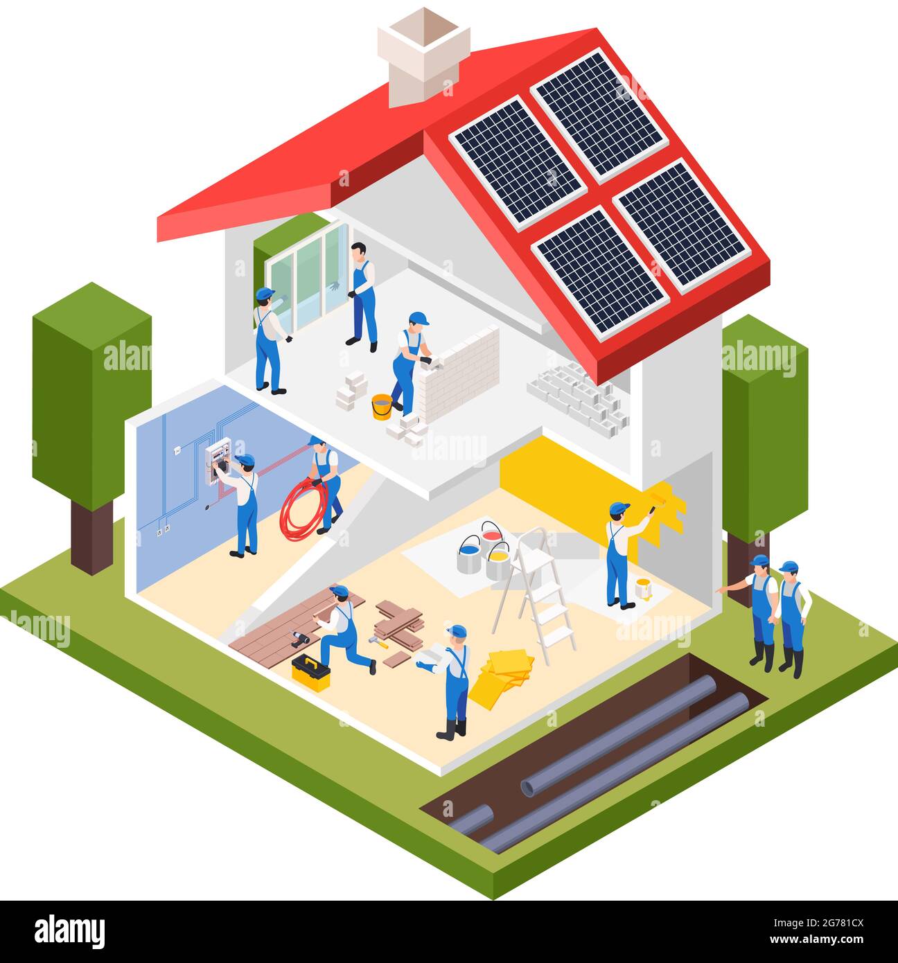 Renovation repair works isometric composition with profile view of ...