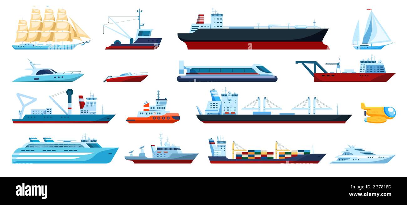 Flat sea transports. Speed boats, yachts, cruise, fishing ships ...