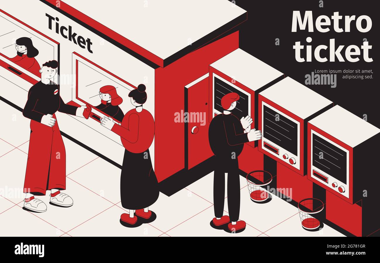 Underground isometric poster with passengers buying tickets at ticket ...
